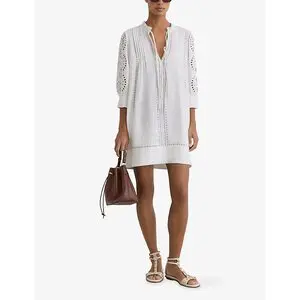 REISS Gia Cheesecloth Cotton Mini Dress - Ivory