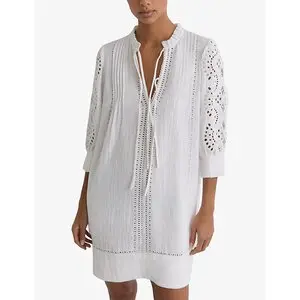 REISS Gia Cheesecloth Cotton Mini Dress - Ivory