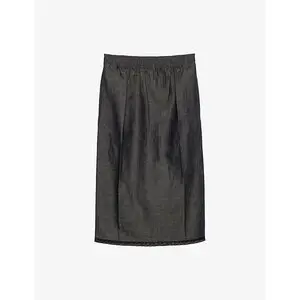 Prada Lace-trimmed Chambray Cotton And Linen-blend Midi Skirt - Blue