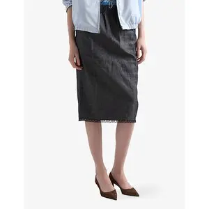 Prada Lace-trimmed Chambray Cotton And Linen-blend Midi Skirt - Blue