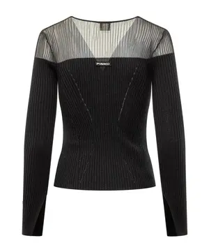 Pinko V-neck Ribbed Cardigan With Sheer Yoke