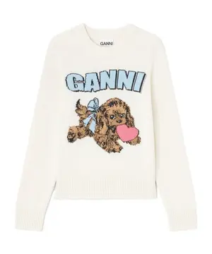 GANNI Puppy Intarsia Crewneck Knitted Jumper - Ivory