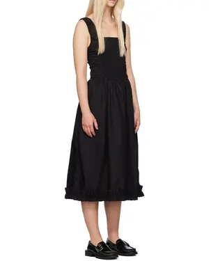 GANNI Cotton Square Neck Smocked Strap Dress