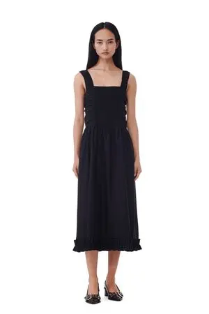 GANNI Cotton Square Neck Smocked Strap Dress