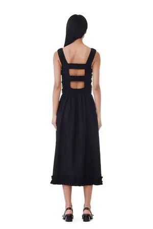 GANNI Cotton Square Neck Smocked Strap Dress