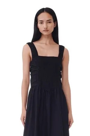 GANNI Cotton Square Neck Smocked Strap Dress