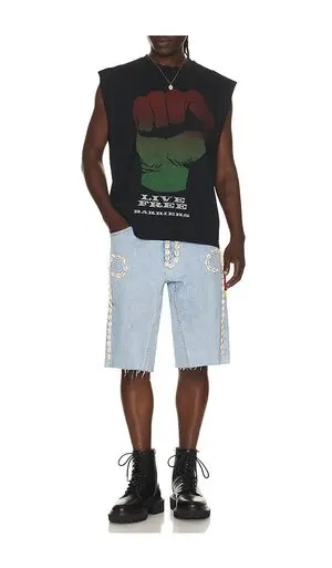 BARRIERS WORLDWIDE Cowrie Shell Embellished Denim Shorts