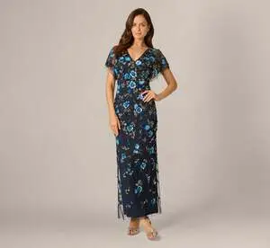 Adrianna Papell Flutter Sleeve Floral Beaded Column Gown
