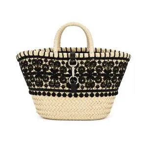 MARIELĒ Small Woven Straw Beach Bag With Lace Trim