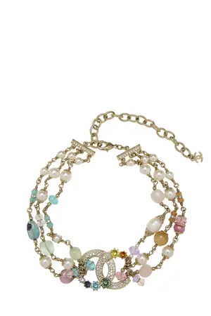 Chanel Cc" Logo -strand Necklace With Faux Pearls And Multicolor Stones - Multi