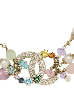 Chanel Cc" Logo -strand Necklace With Faux Pearls And Multicolor Stones