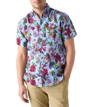 Robert Talbott Morgan Printed Floral Linen Short Sleeve Shirt - Blue