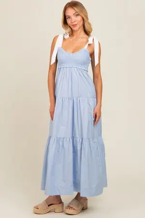PINKBLUSH Blue Contrast Shoulder Straps Maxi Dress
