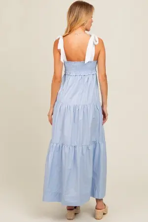 PINKBLUSH Blue Contrast Shoulder Straps Maxi Dress