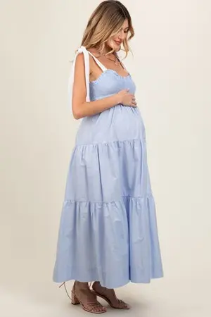 PINKBLUSH Blue Contrast Shoulder Straps Maxi Dress