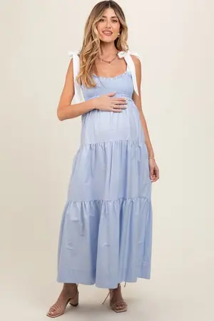 PINKBLUSH Blue Contrast Shoulder Straps Maxi Dress