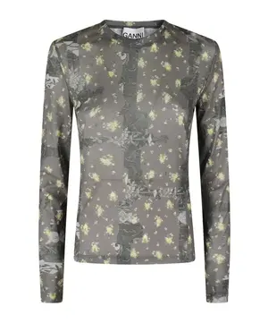 GANNI Floral-print Long-sleeve T-shirt - Gray