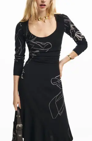 Desigual Long Sleeve High-low Printed Midi Dress