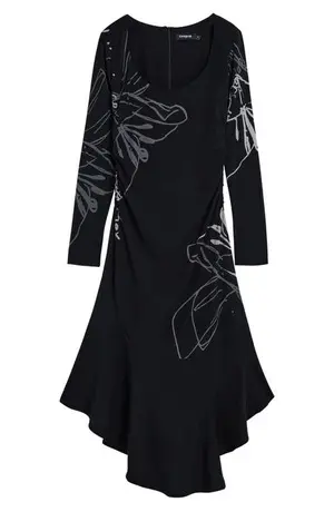 Desigual Long Sleeve High-low Printed Midi Dress