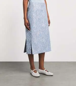Tory Burch Floral Jacquard Midi Skirt With Slit Hem - Blue