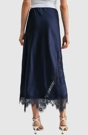 ALL IN FAVOR Lace Trim Satin Midi Skirt