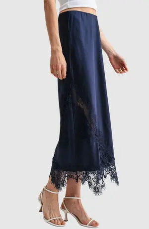 ALL IN FAVOR Lace Trim Satin Midi Skirt