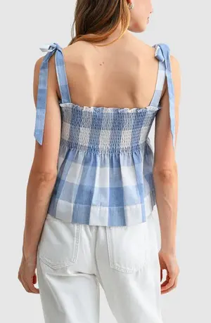 ALL IN FAVOR Pleated Gingham Tie Strap Top