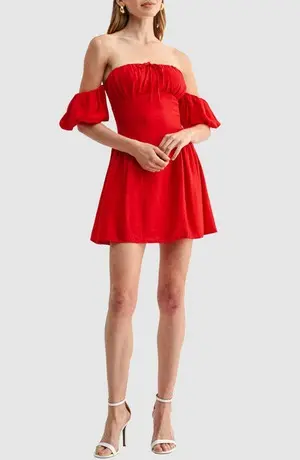 ALL IN FAVOR Off-the-shoulder Shirred Bodice Mini Dress
