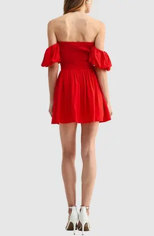ALL IN FAVOR Off-the-shoulder Shirred Bodice Mini Dress