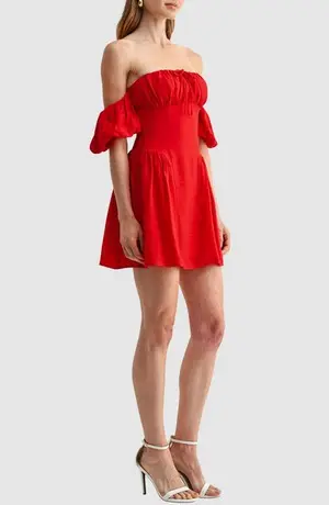 ALL IN FAVOR Off-the-shoulder Shirred Bodice Mini Dress