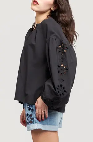 Sam Edelman Embroidered Sleeve Top - True Black
