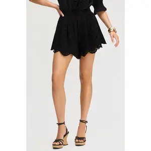Sam Edelman Eyelet Cotton Shorts With Scalloped Hem - True Black