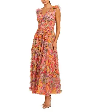 Mac Duggal Petite Floral Ruffle V-neck Maxi Dress - Multi