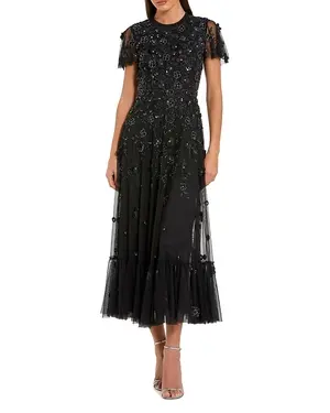 Mac Duggal Embellished High Neck Flutter Sleeve A-line Midi Dress - Black