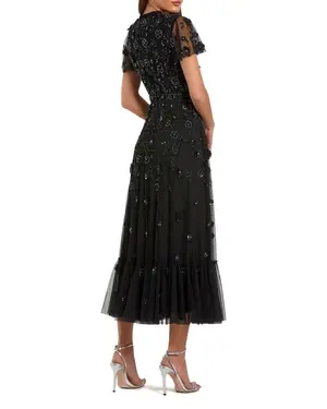 Mac Duggal Embellished High Neck Flutter Sleeve A-line Midi Dress - Black
