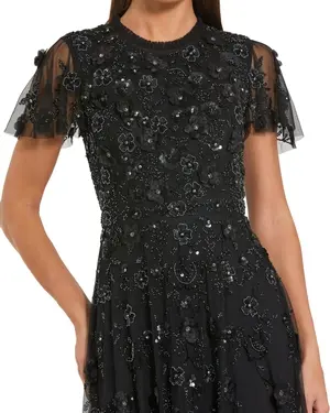 Mac Duggal Embellished High Neck Flutter Sleeve A-line Midi Dress - Black