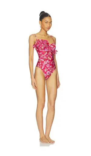 PatBO Peony Print Lycra Ruffle Bodysuit