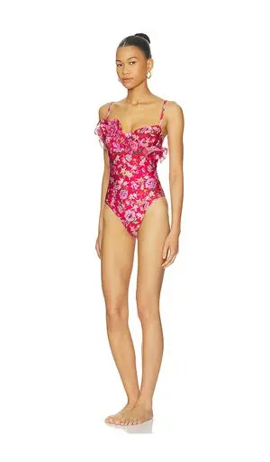 PatBO Peony Print Lycra Ruffle Bodysuit