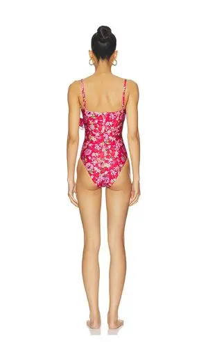 PatBO Peony Print Lycra Ruffle Bodysuit