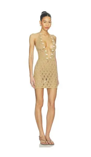 MORE TO COME Crochet Halterneck Mini Dress With Shell Embellishments