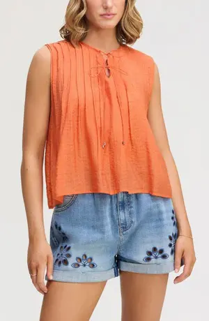 Sam Edelman Sleeveless Pintucked Tie Neck Top - Copper
