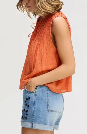 Sam Edelman Sleeveless Pintucked Tie Neck Top - Copper