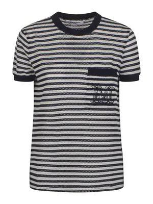 Max Mara Striped Knit T-shirt With Embroidered Monogram Detail - White/blue
