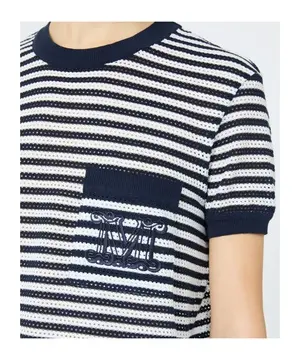 Max Mara Striped Knit T-shirt With Embroidered Monogram Detail - White/blue