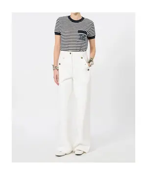 Max Mara Striped Knit T-shirt With Embroidered Monogram Detail - White/blue