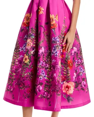 Eliza J Square Neck Pleated Floral Print Dress