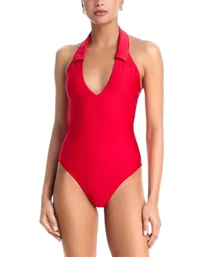 Aqua Collared Halter One-piece Swimsuit - Red
