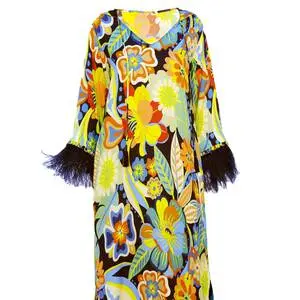 TIGER AND THE MONKEY Dayna Kaftan Dress With Feather Trim - Blue