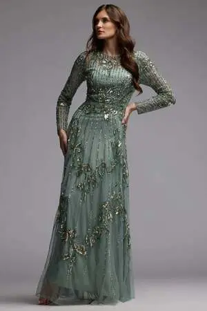 Mac Duggal Embellished Long Sleeve A-line Gown