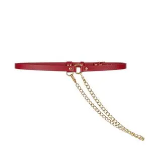 HAUTE CUIR Skinny Leather Belt With Chain Detail - Red